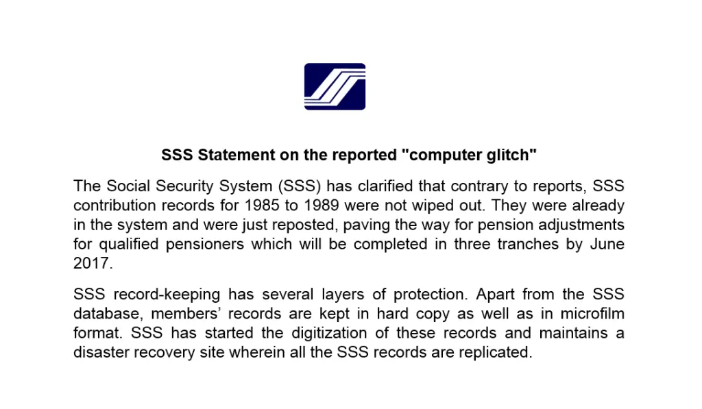 SSS statement on the reported loss of records - SSS Inquiries